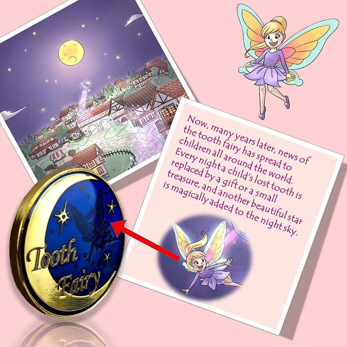 Tooth Fairy Gift Set Keepsake Gold Coin and Tooth Fairy Book for Girls