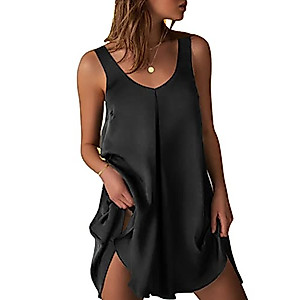 Ekouaer Women's Sleeveless V Neck Satin Nightgown(Black,XXL)