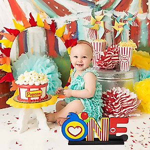 C1krint Plim Plim ONE Letter Sign Wooden Table Centerpiece, Circus Clown Plim Plim Theme First Birthday Party Decoration Supplies for One Year Old Baby Shower 1st Birthday Ornaments Photo Props