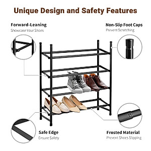 ikloo 4-Tier Shoe Rack for Closet and Entryway | Expandable and Stackable Shoes Organizer for Small Spaces | Adjustable Metal Shoe Shelf for Shoe Storage | Fit Up to 30 Pairs of Shoes | Black