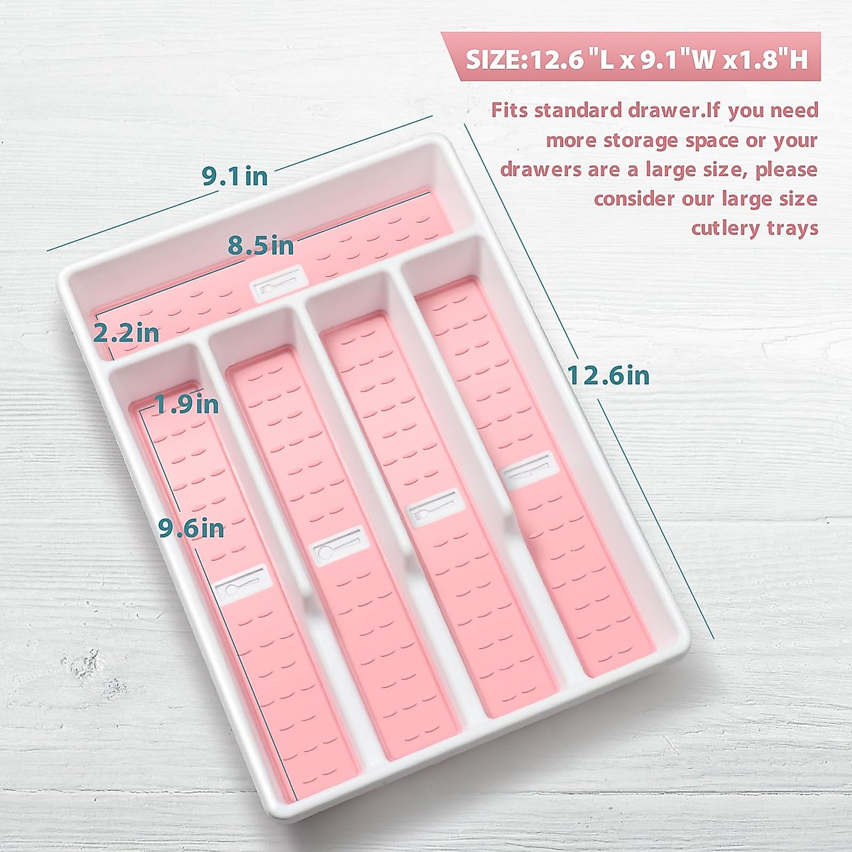 Joequality Silverware Organizer with Icons，Plastic Cutlery silverware Tray for Drawer，Utensil Flatware Tableware Organizer for Kitchen with Non-slip TPR,Fits Standard Drawer,5-Compartment,Pink