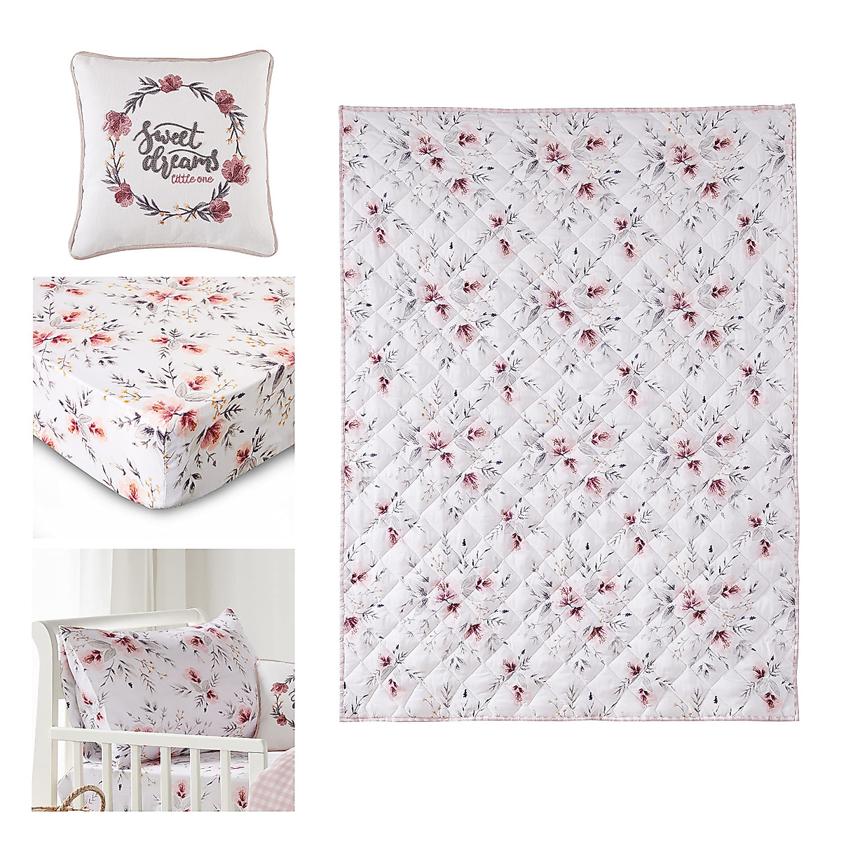 Levtex Baby - Adeline Toddler Bed Set - Blush, Pink, Grey and White - Classic Floral - 5 Piece Set Includes Reversible Quilt, Fitted Sheet, Flat Sheet, Pillow Case, Decorative Pilow