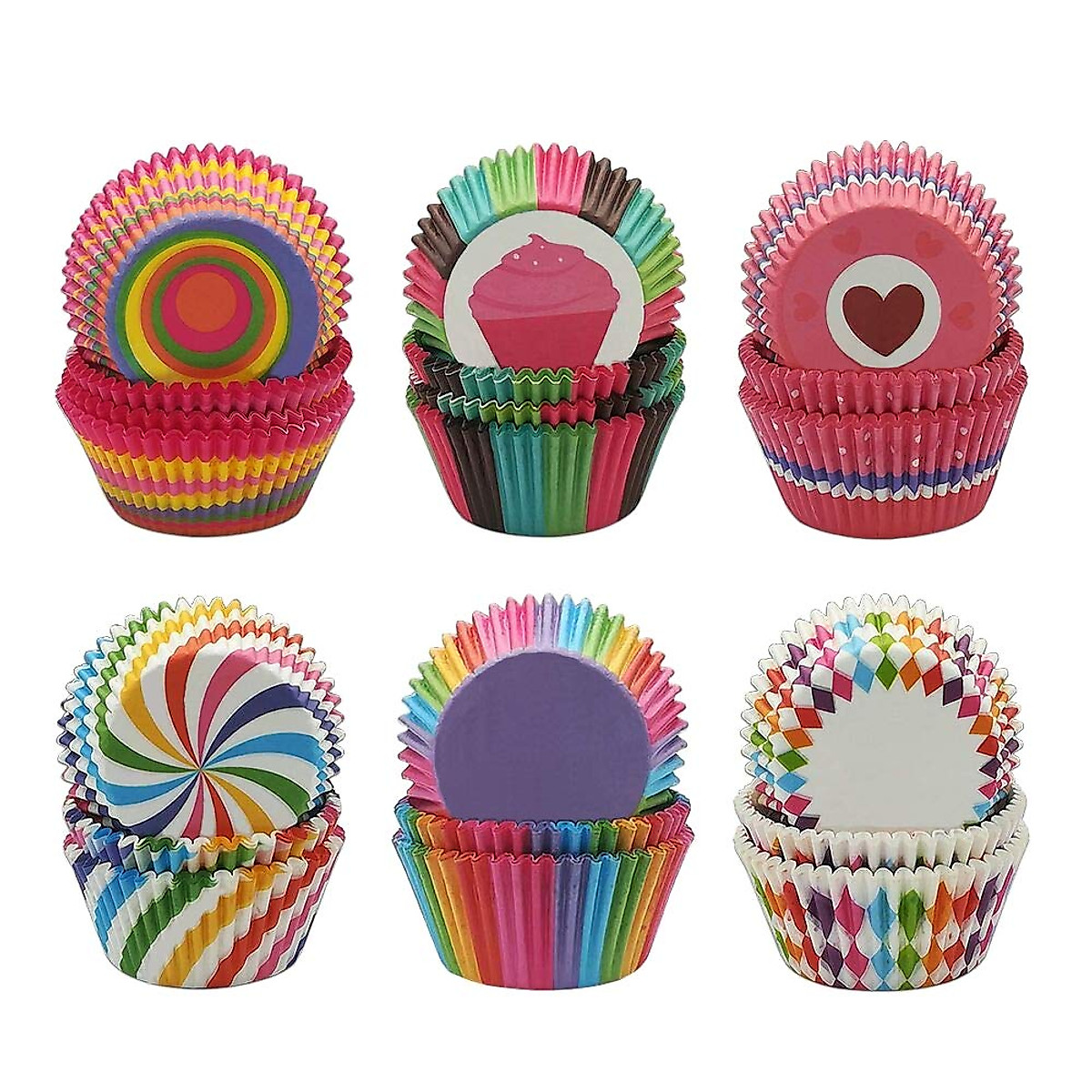 Cupcake Liners, Disposable Paper Baking Cups Rainbow Cupcake Wrappers Nonstick Muffin Cases Molds, 6 Styles Cupcake Liners for Cake Balls, Muffins, Cupcakes and Candies, 600 Pack (Colorful)