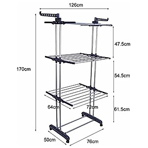 HOFLERA Airer Clothes Drying Rack - 4 Tiers Foldable Clothes Hanger with Adjustable Height and Large Stainless Steel Garment Laundry Racks for Indoor and Outdoor Use