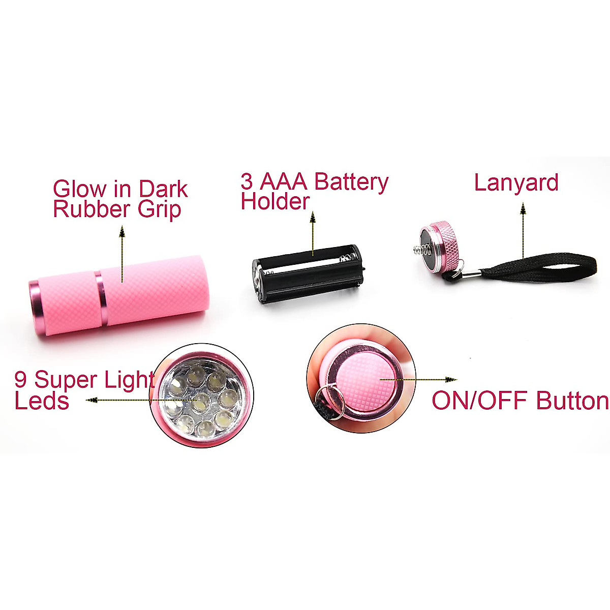 DAFURIET 9 LED Glow in Dark Flashlights, 4 Pack Rubber Coated Handheld Flashlights with Straps, Aluminum Portable Lights for Camping, Hiking, Emergency