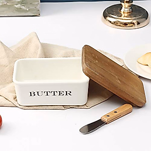 everous Butter Dish - Beautiful Farmhouse Kitchen Decor Butter Container With Wooden Lid and Knife(White)