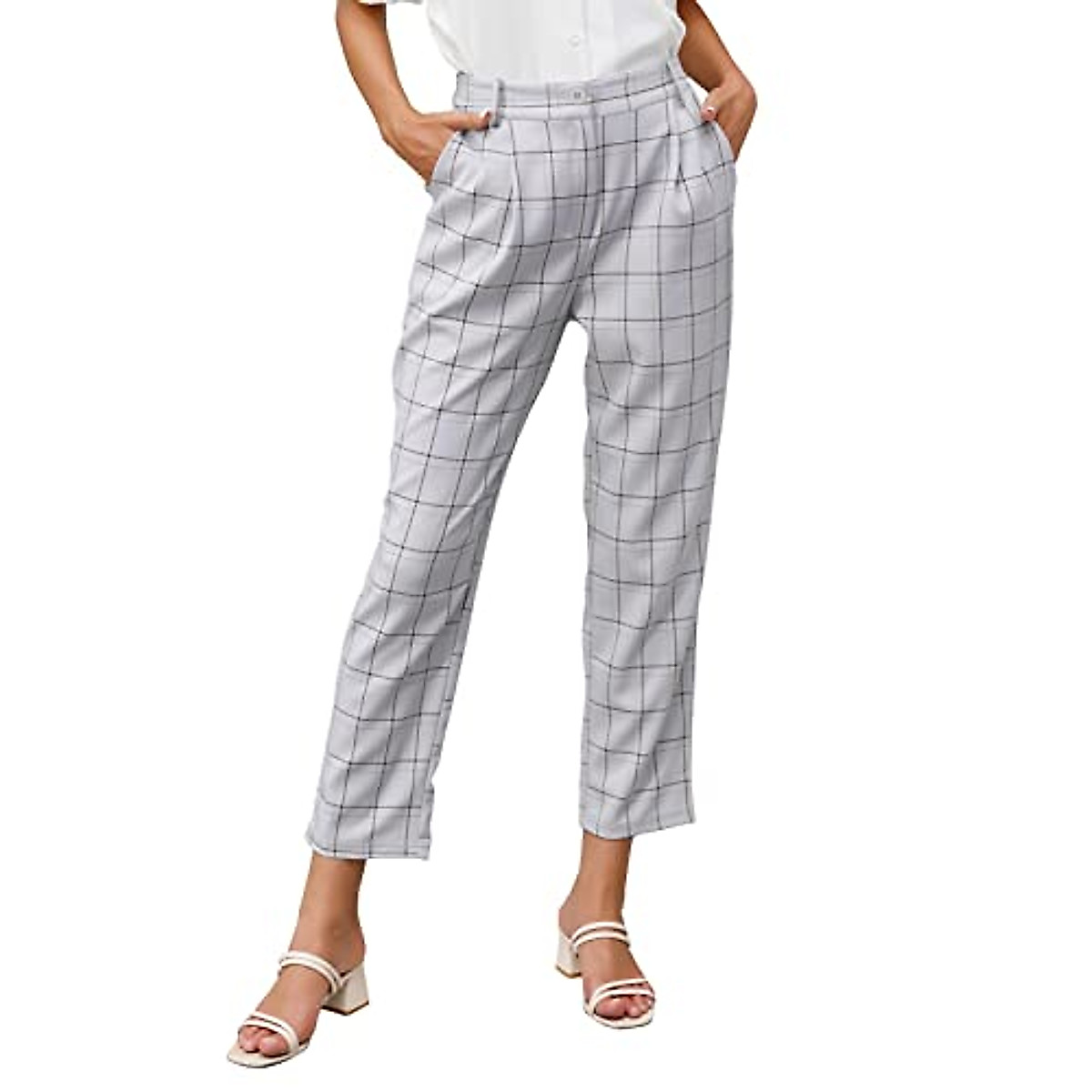 Women Pants Elastic Waist Plaid Pants with Pockets Medium