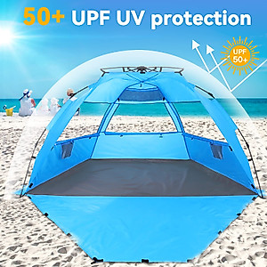 KO-ON Pop Up Beach Tent for 4 Person, Easy Setup and Portable Beach Shade Sun Shelter Canopy with UPF 50+ UV Protection, Extendable Floor with 3 Ventilating Windows Plus Carrying Bag