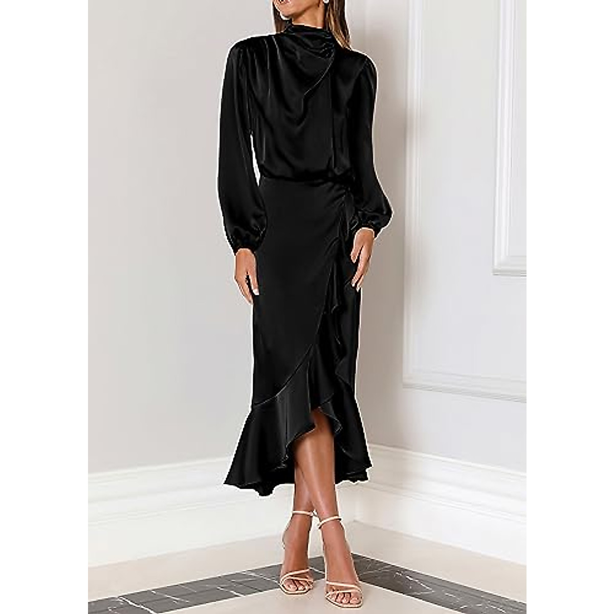 KIRUNDO Women's Fall Satin Mock Neck Wedding Guest Cocktail Midi Dress Long Sleeve Wrap Ruched Ruffle Formal Dresses(Black, Large)