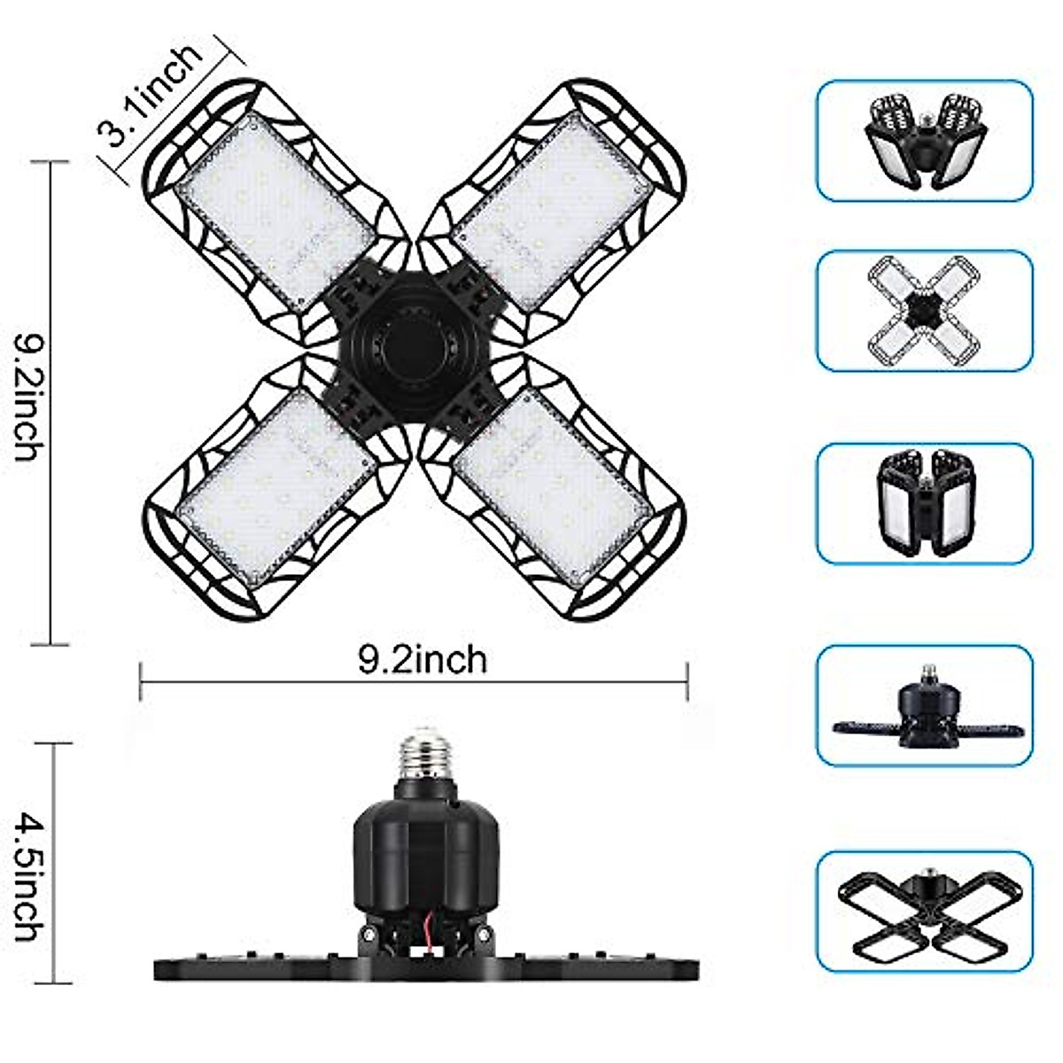 1LED Garage Lights 2 Pack/60W/6500k/4 Panels, Porcelain Base, 4 Adjustable Panels, 12000LM High Lumen Output Super Bright LED Bulb, E26/E27 Compatible