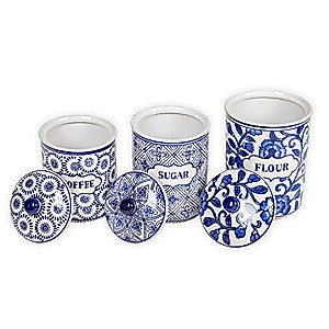 Drew Derose Blue White Patterned Ceramic 3 Pc Canister Set