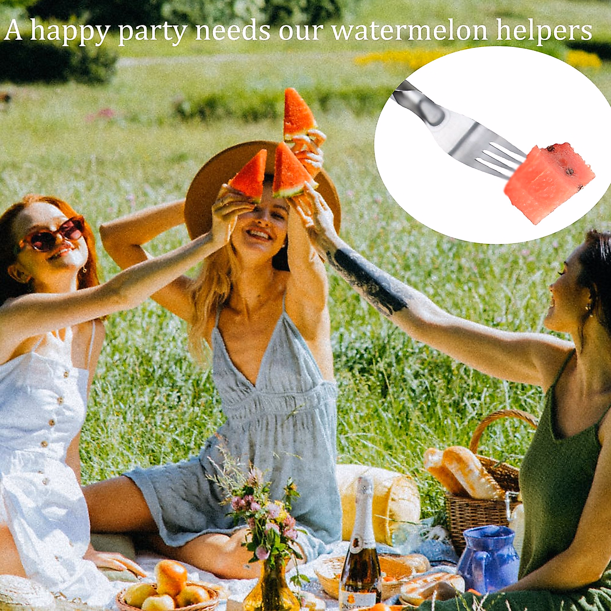 ZLMC 2-in-1 Watermelon Fork Slicer,Portable Stainless steel Watermelon Slicer with Melon Baller Scoop Extra,Dual Head Stainless Steel Fruit Forks Slicer Knife for Family Parties Camping(2PCS)