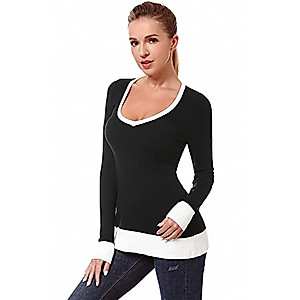 AmélieBoutik Women Color Trim V Neck Long Sleeve Pullover Knit Sweater Top (Black and Ivory White Large)
