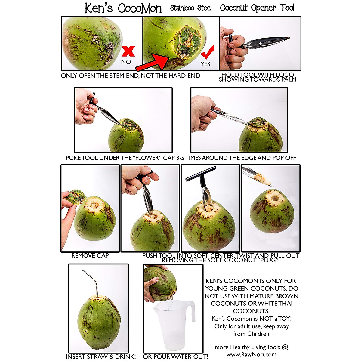 2 qty - Ken's CocoMon Coconut Opener Tool for Fresh GREEN Young Fruit Black Rubber Handle EZ Easy Grip SAFE (2 CocoMons)