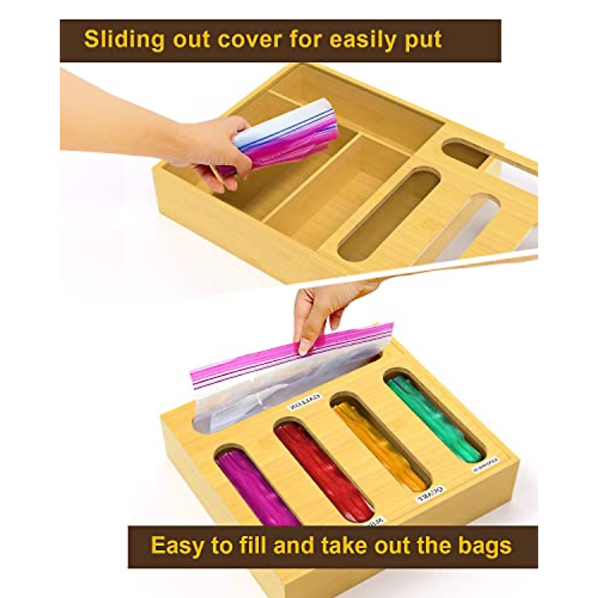VenDotbi Bag Storage Organizer, Bamboo baggie organizer with Slider, Suitable for Kitchens and Countertop to Storage Gallon, Quart, Sandwich & Snack Bags and other Size Bag Organizer-Natural