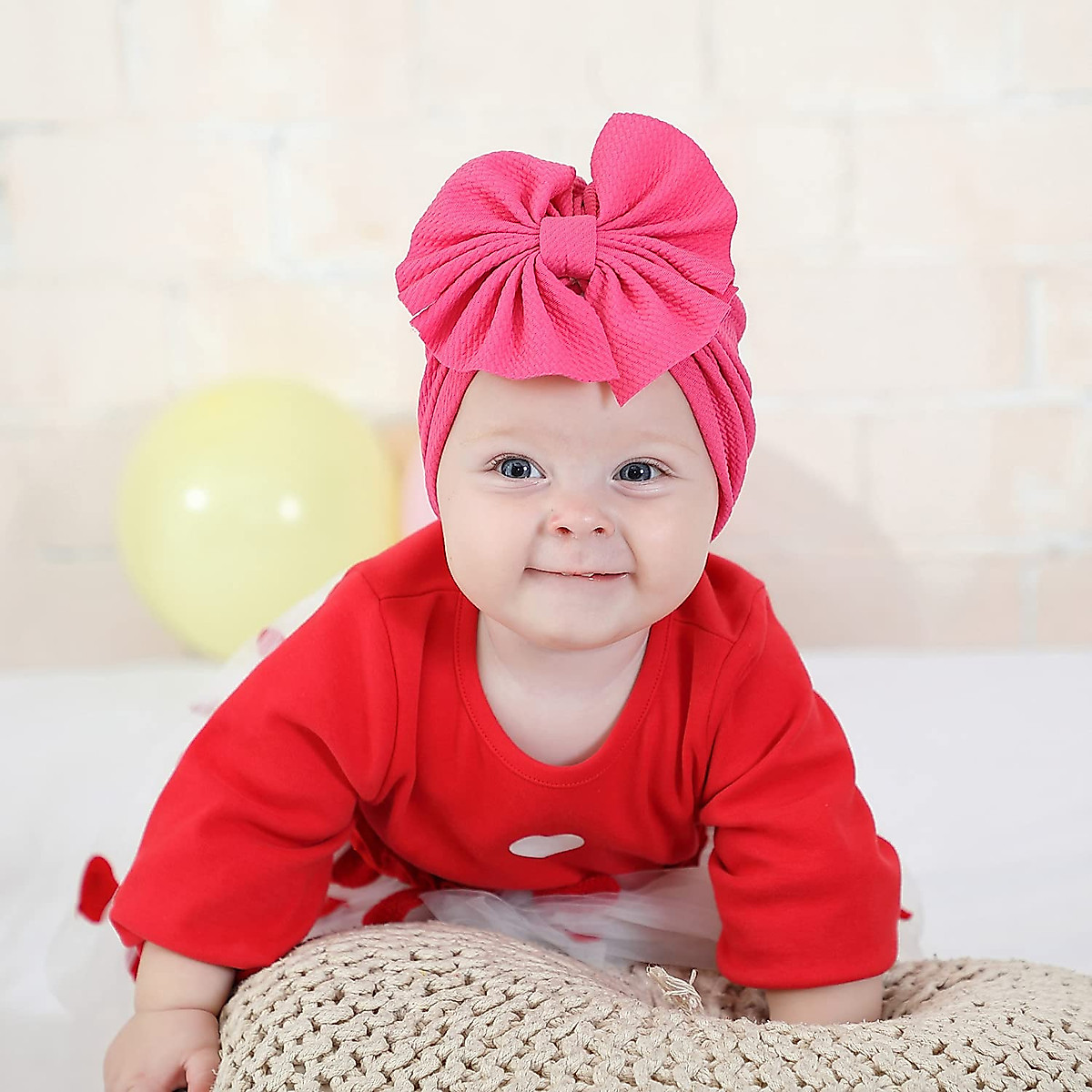 Cinaci 8 Pack Solid Knotted Bowknot Big Hair Bow Beanie Turban Hats Caps Wide Headwraps for Baby Girls Infants Toddlers Little Kids