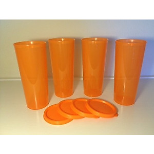 NEW TUPPERWARE TUMBLERS 16 OZ CLASSIC STRAIGHT SIDES ORANGE WITH SEALS SET OF 4