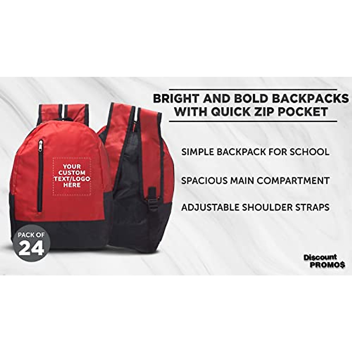 DISCOUNT PROMOS 24 Quick Zip Backpacks Set - Customizable Text, Logo - Polyester, Unique features, Front Pocket, Vibrant - Red