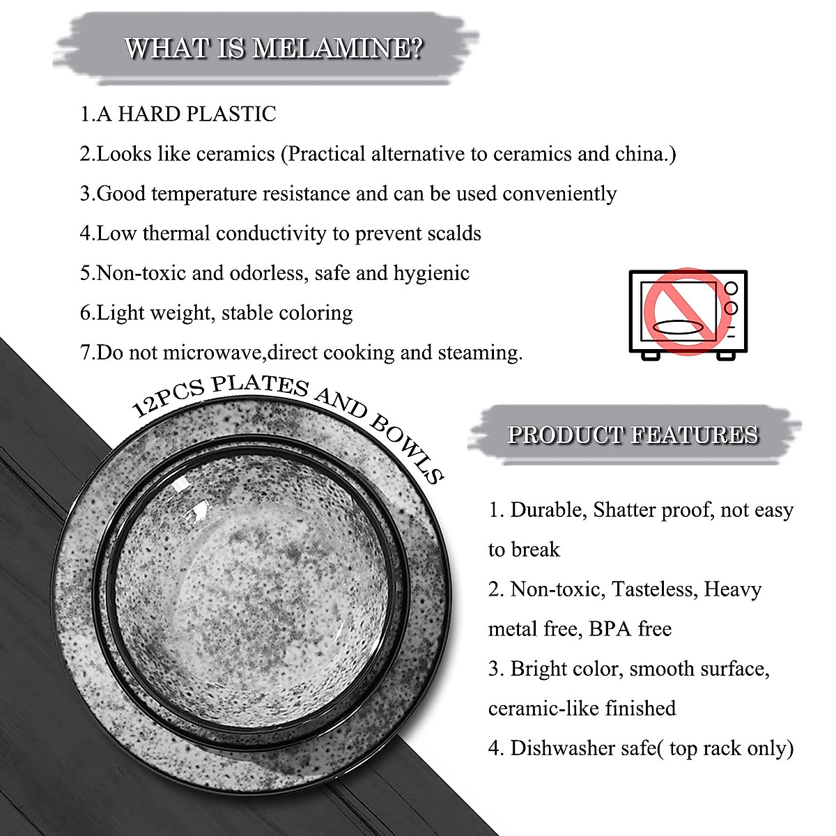 Melamine Dinnerware Set of 12 Pcs-Melamine Plates and Bowls Set for Indoor and Outdoor Use, BPA Free Dishwasher Safe, Lightweight Unbreakable（Glazed Grey）