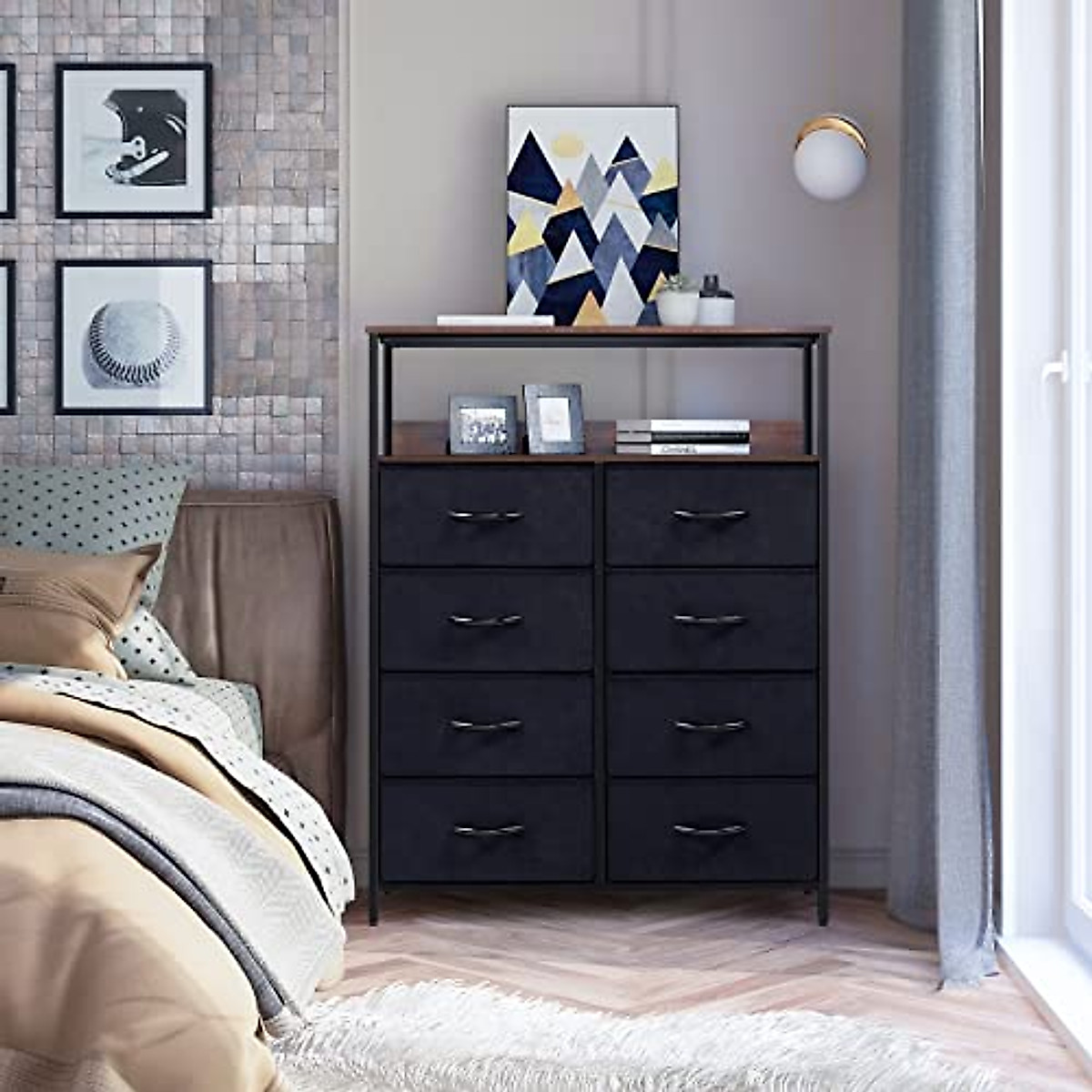 LYNCOHOME 8 Drawer Dresser for Bedroom, Fabric Dresser with Shelves, Chest of Drawers for Bedroom, Closet, Clothes, Storage Tower with Sturdy Steel Frame, Wood Top, Fabric Drawers