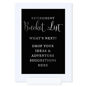 Andaz Press Framed Retirement Party Signs, Metallic Silver Ink on Black, 4x6-inch, Retirement Bucket List, What's Next? Drop Your Ideas and Adventure Suggestions Here, 1-Pack