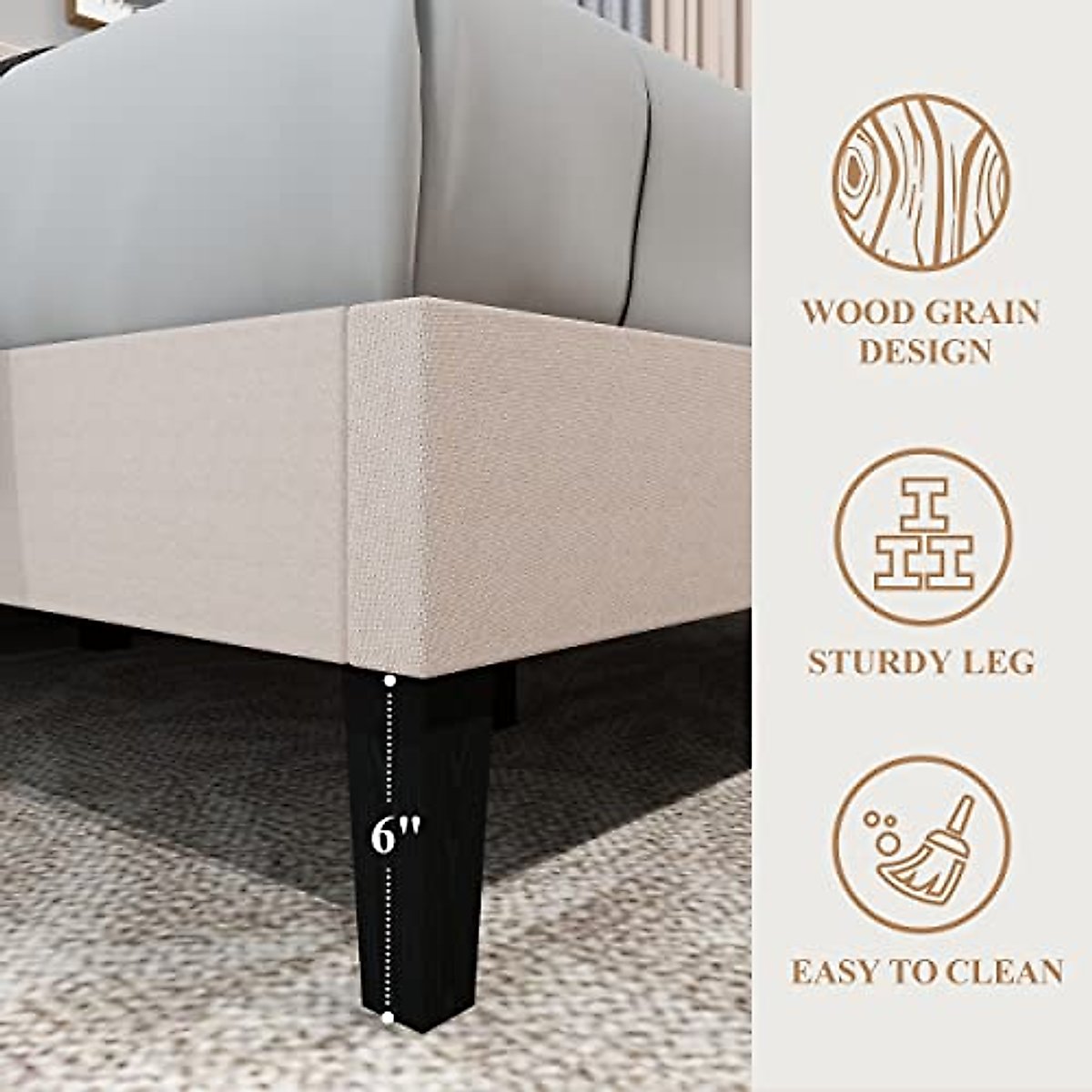 Benevika Full Size Upholstered Platform Bed Frame with Linen Fabric Simple Style Headboard and Wooden Slats Support, Upholstered Mattress Foundation, No Box Spring Needed, Easy Assembly, Beige