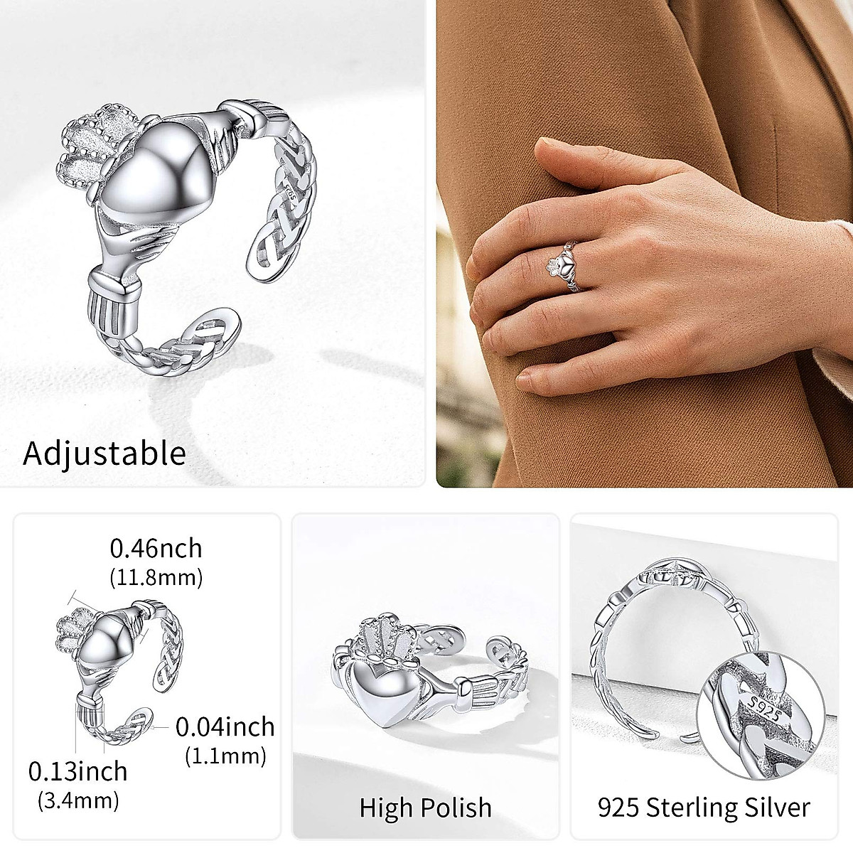ChicSilver Irish Claddagh Ring 925 Sterling Silver High Polished Traditional Claddagh Celtic Knot Eternity Wedding Band Ring Adjustable