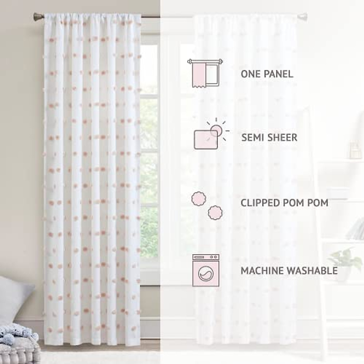 Intelligent Design Sophie Sheer Single Window Curtain Panel Clipped Pompom Embelished Privacy Drape with Rod Pocket for Bedroom, Livingroom, 50" x 84", Blush