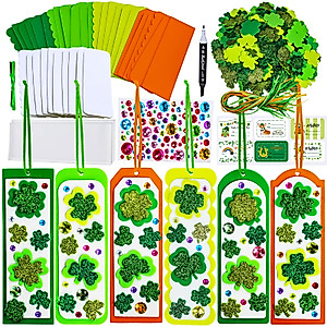 Winlyn 24 Sets St. Patrick's Day Decorations DIY 3D Shamrock Bookmark Craft Kits Blank Foam Bookmarks Lucky Shamrock Four Leaf Clover Stickers for Kids Reading Gifts Classroom Activities Art Projects