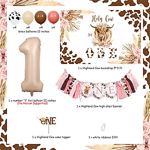 Highland Cow 1st Birthday Decorations Girl - Holy Cow Im One Backdrop, Highland Cattle High Chair Banner, Cake Topper, Foil Balloons for Pink Boho Floral Highland Cow Farm Animal Party Supplies