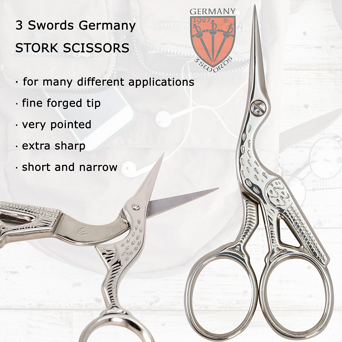 3 Swords Germany - Embroidery Scissors, Stork Scissors Shears for Art Work, Daily Use in Household, Sewing, Art Work, Craft with black Synthetic Leather case