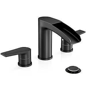 Phiestina Matte Black Waterfall Bathroom Faucet, Widespread 3 Hole 8 Inch Modern Bathroom Faucet with Pop Up Drain and Water Supply Lines, NS-WF005-MB