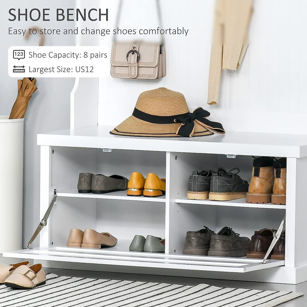 HOMCOM Entryway Bench with Coat Rack, 4 Double Hooks and 2 Compartments, Hall Tree with Bench and Shoe Storage for Hallway, Living Room, Black