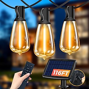 116FT Solar String Lights Outdoor Waterproof with Remote and USB Port, 53 Edison Bulb Outdoor Solar Powered Dimmable String Lights for Outside Patio, Backyard, Garden, Porch, Balcony