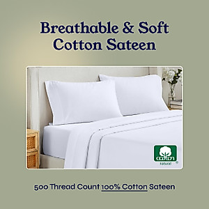 California Design Den 100% Cotton Sheets King Size Set - Cooling 500 Thread Count Sateen, Deep Pockets with All Around Elastic for a, Durable Bedding Set - White Sheets