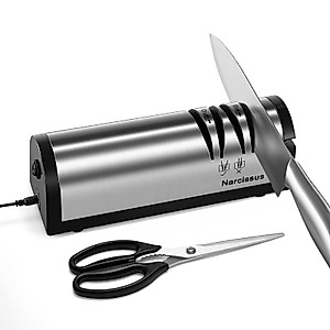 Narcissus Knife Sharpener, Professional 2 Stage Electric Knife Sharpener for Quick Sharpening & Polishing, with Scissors Sharpener and Metal Dust Collection Box, Stainless Steel, Silver