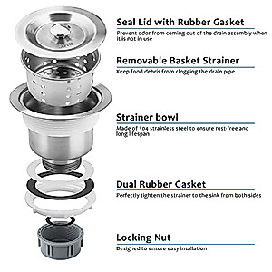 DESUMG Kitchen Sink Drain Strainer Assembly, 304 Stainless Steel Sink Stopper and Removable Deep Waste Basket for 3-1/2 Inch Commercial Kitchen Sink