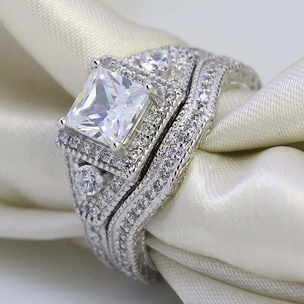 Two Rings His Hers Wedding Ring Sets Couples Matching Rings Women's 2pc White Gold Filled Square CZ Wedding Engagement Ring Bridal Sets & Men's Titanium Wedding Band