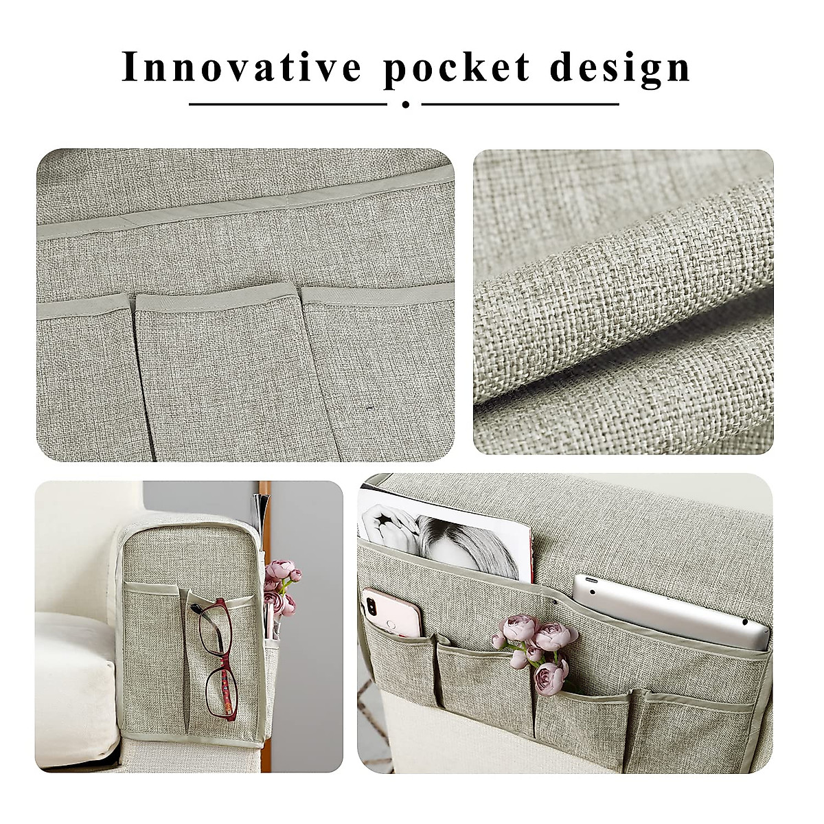 Joywell Anti-Slip Armrest Covers with 8 Pockets for Sofa Couch, Armchair Caddy & Organizer for Remote Control, Phone, iPad, Super Durable Arm Protector for Dog, Cat, Pets, 1 Pcs, Silver Grey