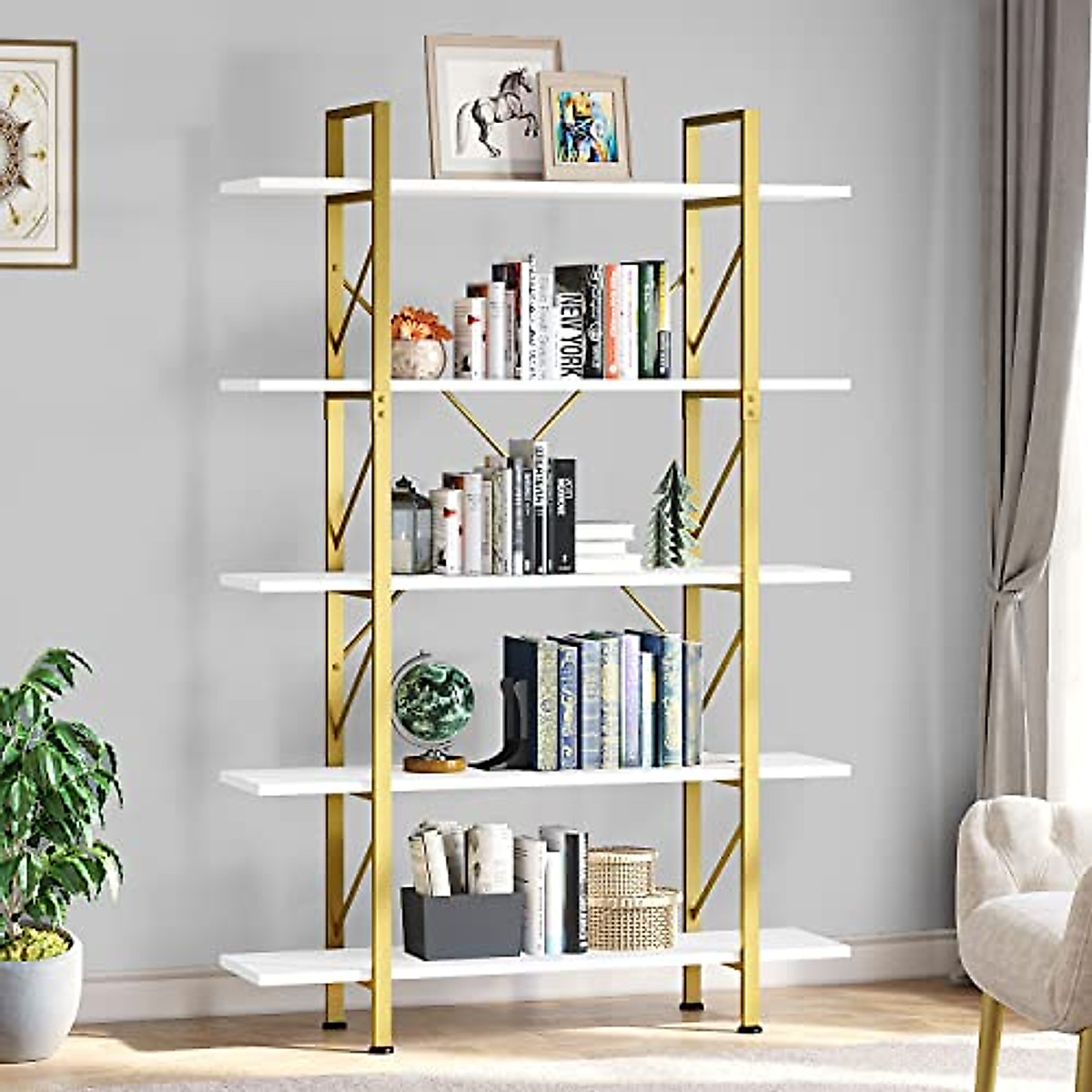 YITAHOME 5-Tier Gold Bookshelf, Artsy Modern Freestanding 5 Shelf Bookcases and Bookshelves, Book Rack, Storage Rack Shelves in in Living Room Home Office, Gold & White