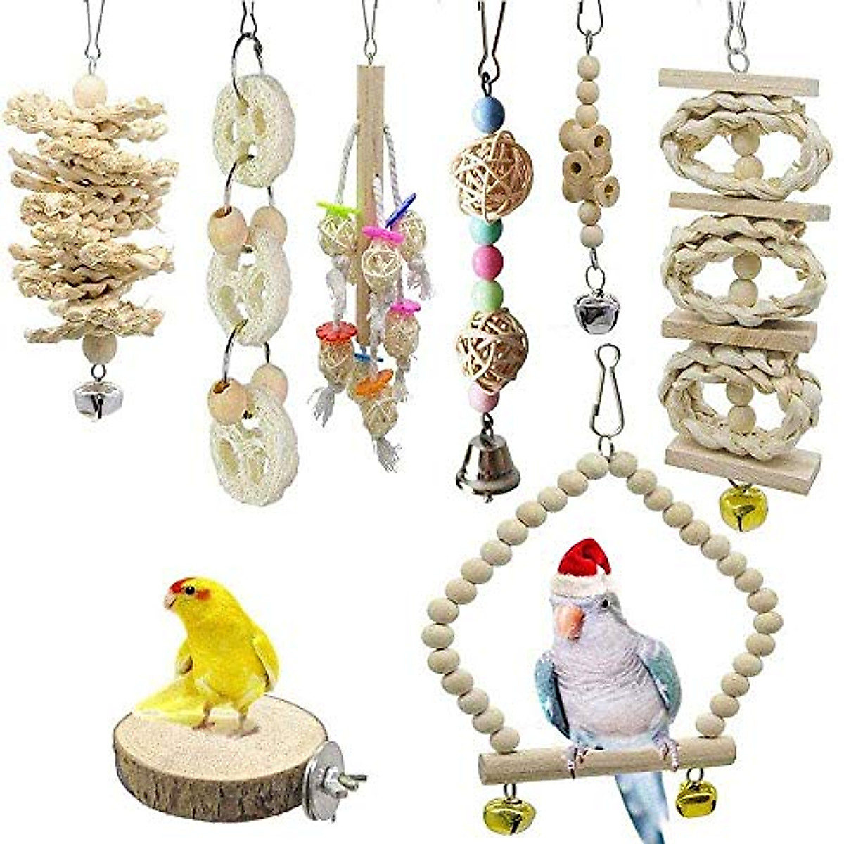 SHINYLYL 8 Packs Bird Toy,Bird Parrot Swing Chewing Toys Birdcage Stands,Wood Hanging Bell Bird Cage Toys for Parrots, Parakeets, Cockatiels, Conures, Macaws, Love Birds, Finches