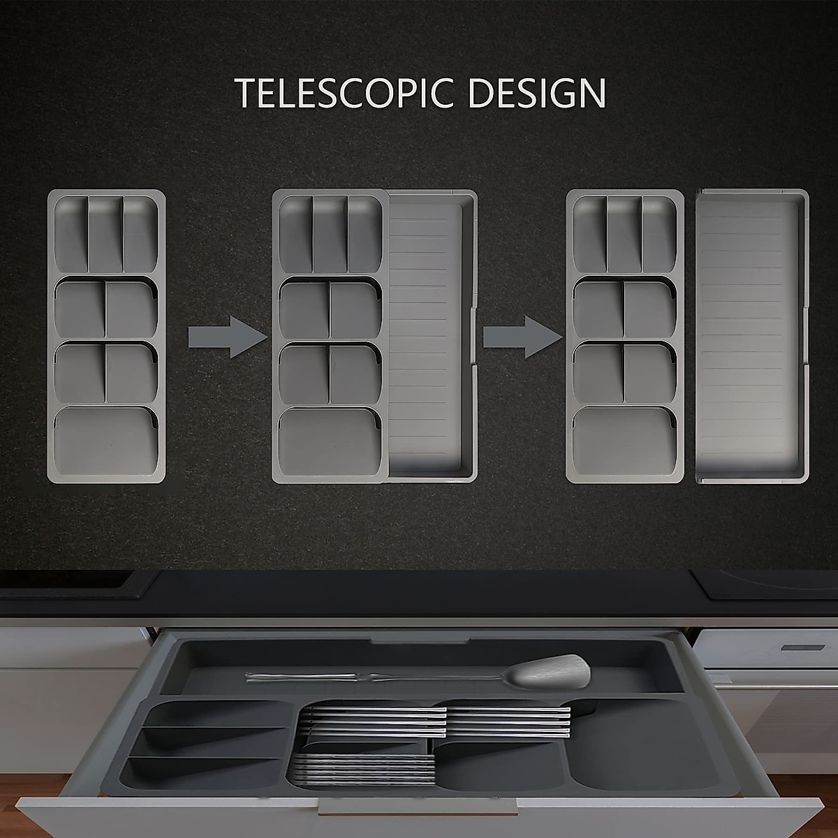 KAKUNM Flatware Drawer Organizer Expandable Adjustable Utensils Silverware Tray for Drawer, Spoon Knife and Fork Partition Storage,Large, Gray