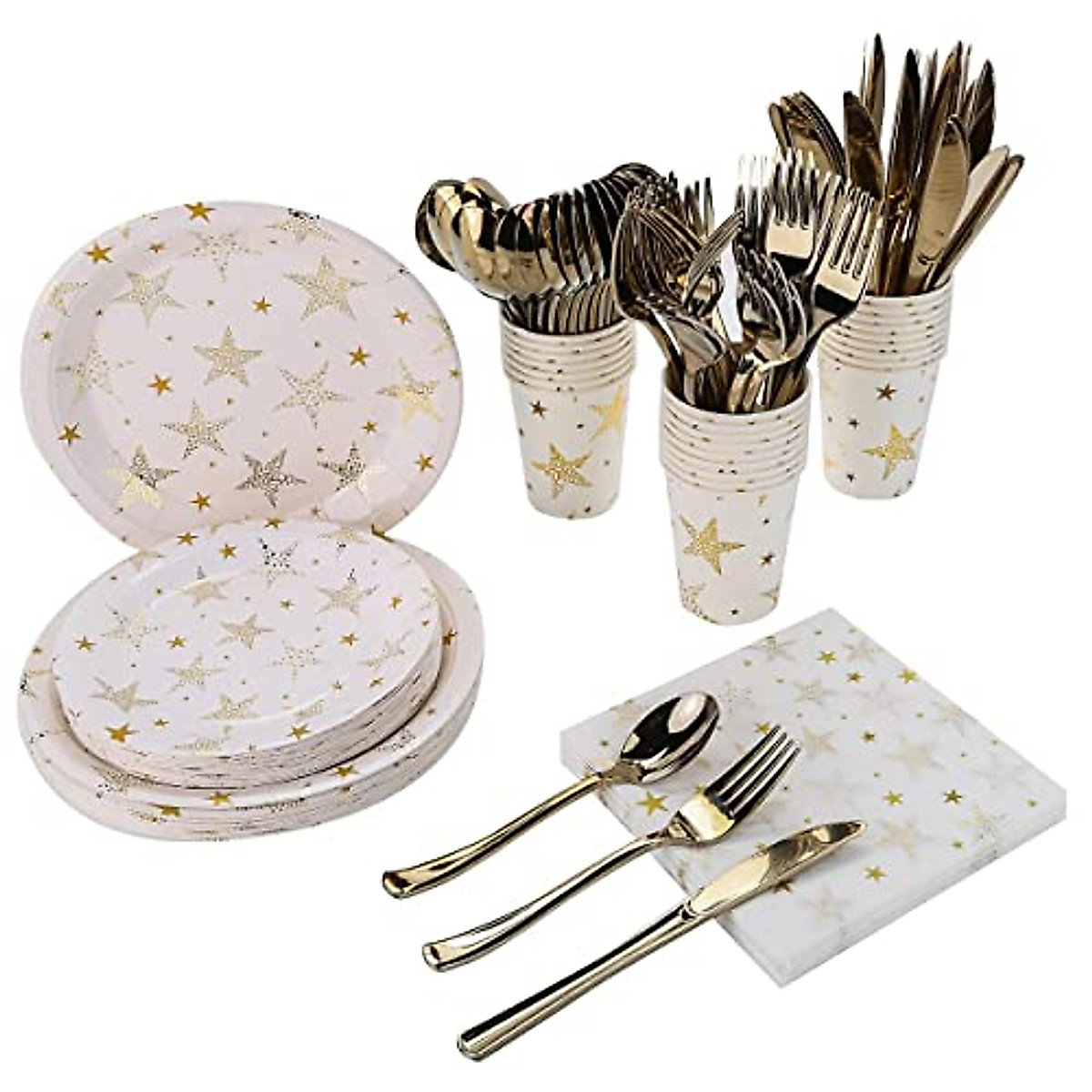 CONRADY 200 PCS Gold Star Disposable Party Dinnerware Set,25pcs Paper Plates, Dessert Plates, Paper Cups,Plastic Cutlery Set(Knives,Forks,Spoons) and 50pcs Napkins for Party Serves 25(Gold)
