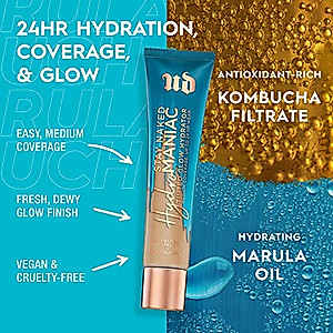 Urban Decay Hydromaniac Tinted Moisturizer - 24HR Hydrating & Glowy Medium Coverage Foundation - With Kombucha Filtrate + Marula Oil - Lightweight, Dewy Skin Finish – 50 Medium Warm, 1.1 Oz
