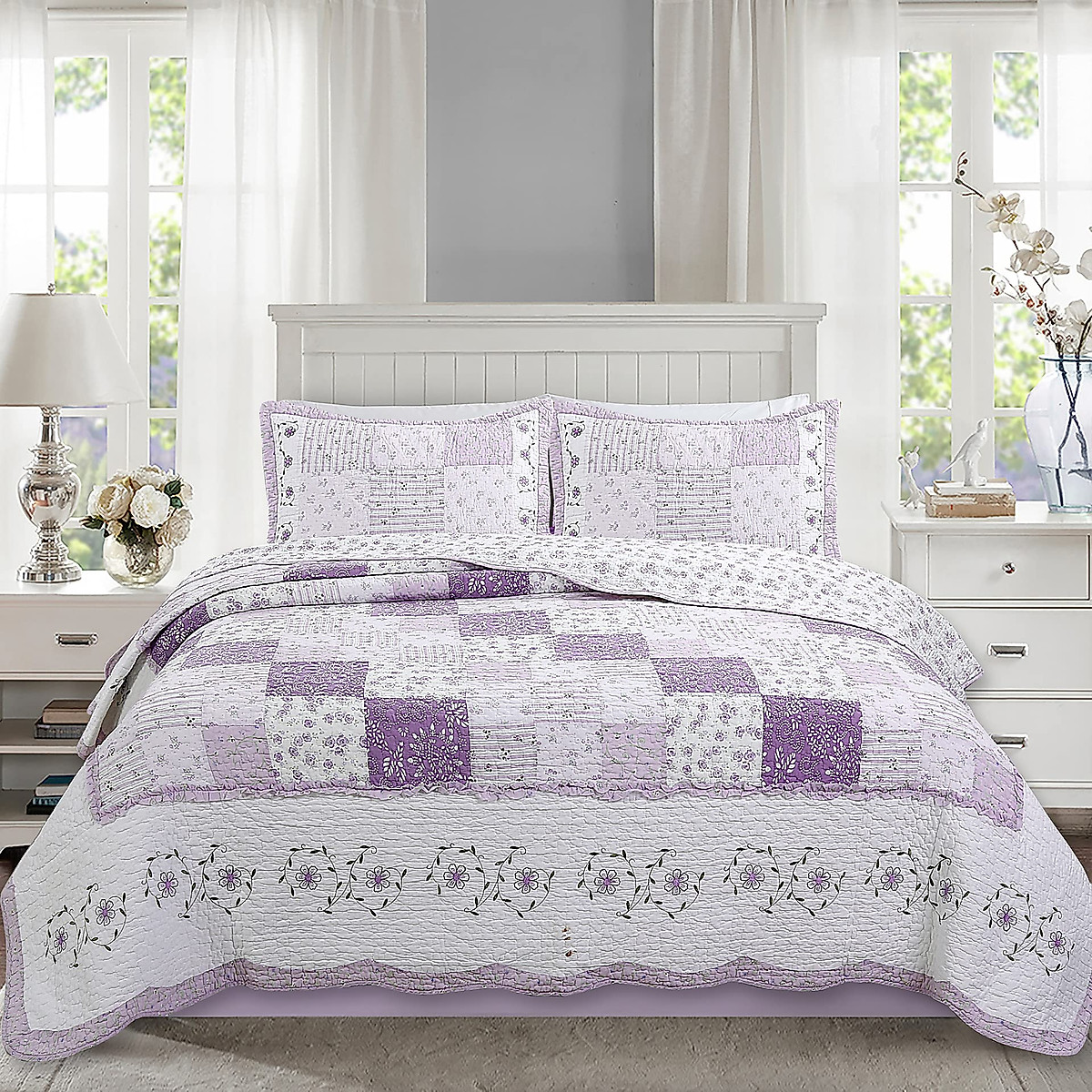 Cozy Line Home Fashions Love of Lilac Bedding Quilt Set, Light Purple Orchid Lavender Chic Lace Floral 100% Cotton Reversible Coverlet, Bedspread (Lilac, Twin - 2 Piece)