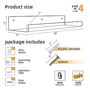 MEISHIDA Acrylic Floating Shelves, Set of 4, 15" Funko Pop Shelves Wall Mounted, Acrylic Shelves for Bathroom, Living Room, Kitchen