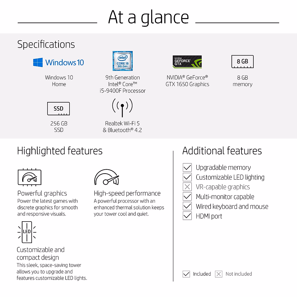 HP Pavilion Gaming Desktop Computer, 9th Generation Intel Core i5-9400F Processor, NVIDIA GeForce GTX 1650 4 GB, 8 GB RAM, 256 GB SSD, Windows 10 Home (TG01-0020, Black)