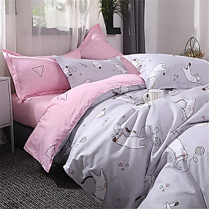 Omelas Girls Grey Bedding Duvet Cover Set Queen Full Size Kids Lovely Cats Playing with Pink Geometry Reversible Quilt Cover Super Soft Microfiber Bedding,2 Pillow Shams,Zipper Closure(KAMM,Q)