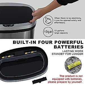 HCY Trash Can, 13 Gallon Automatic Waste Bin Mute Metal Garbage Can with Lid Stainless Steel 50 Liter for Kitchen, Office, Bedroom, Bathroom, Living Room (Stainless Steel)