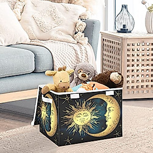 Krafig Boho Chic Golden Sun Moon Foldable Storage Box Large Cube Organizer Bins Containers Baskets with Lids Handles for Closet Organization, Shelves, Clothes, Toys